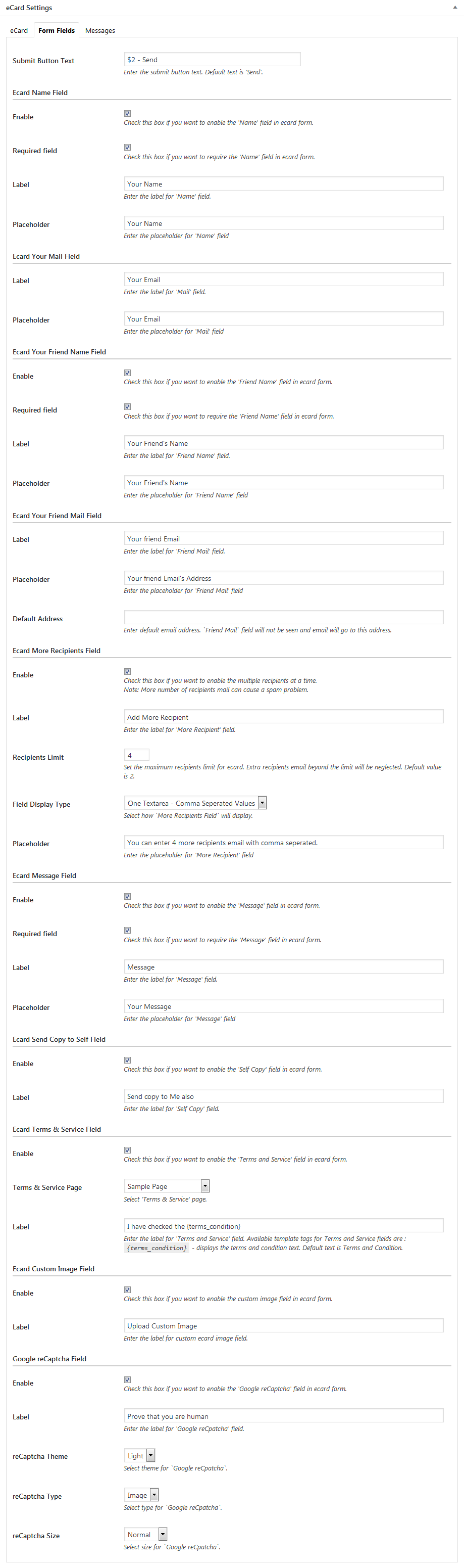 eCard Form Fields Settings - InfornWeb Documentation